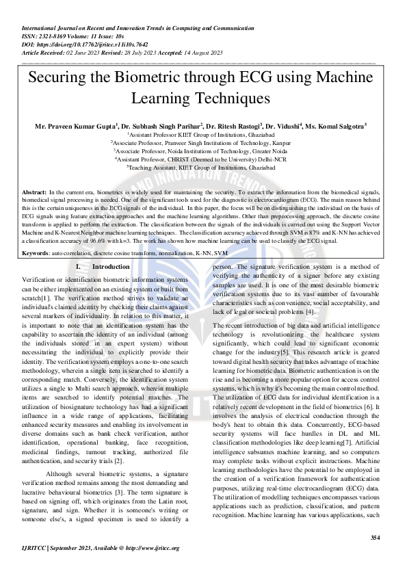 Pdf Securing The Biometric Through Ecg Using Machine Learning Techniques