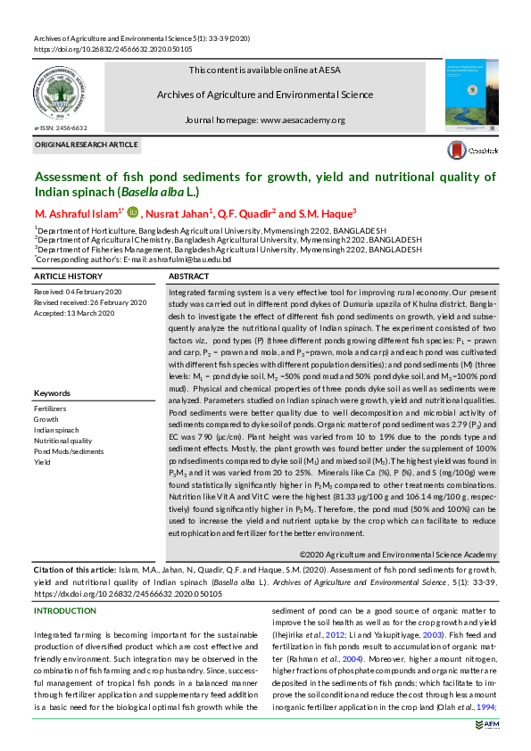 (PDF) Assessment of fish pond sediments for growth, yield and nutritional quality of Indian ...