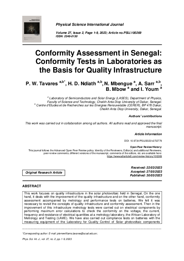 (PDF) Conformity Assessment in Senegal: Conformity Tests in ...