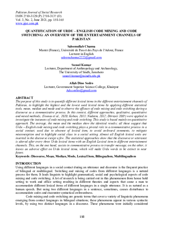 (PDF) Quantification of Urdu – English Code Mixing and Code Switching: An Overview of the ...