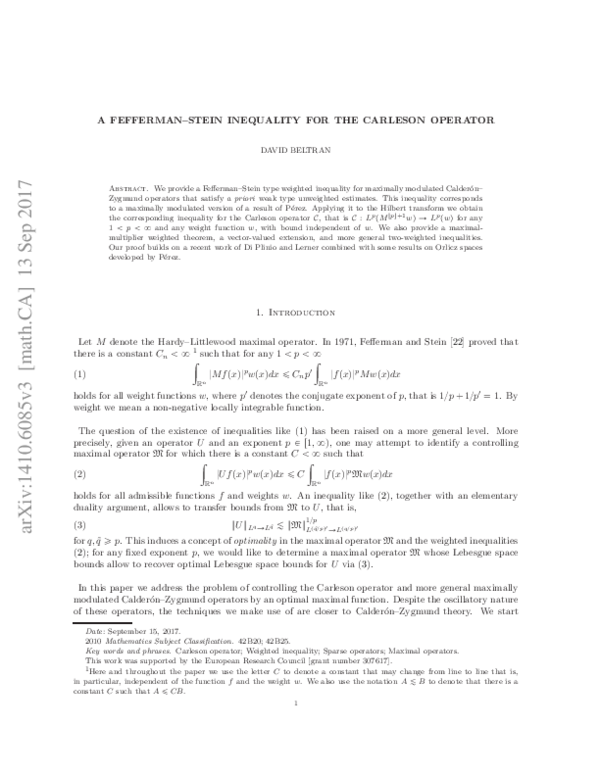 (PDF) A Fefferman–Stein inequality for the Carleson operator