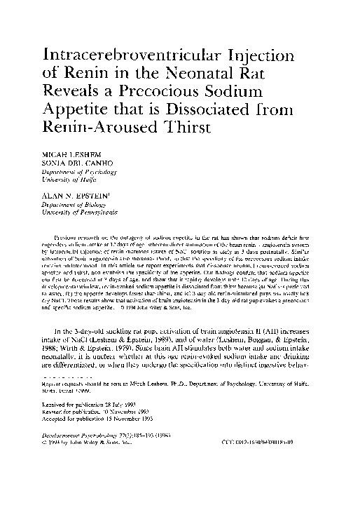 (PDF) Intracerebroventricular injection of renin in the neonatal rat ...