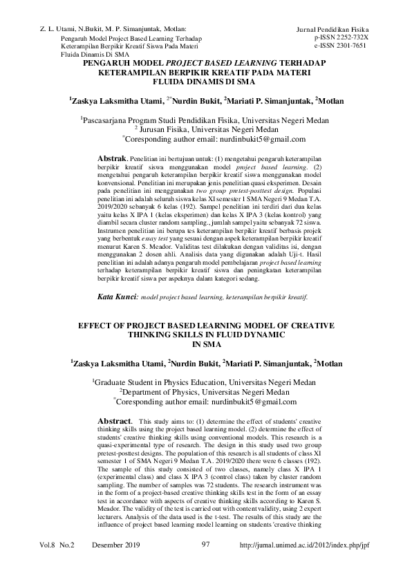 (PDF) Effect of Project Based Learning Model of Creative Thinking Skills in Fluid Dynamic in Sma