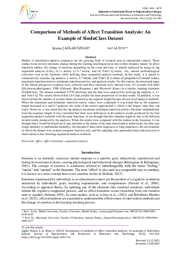 (PDF) Comparison of Methods of Affect Transition Analysis: An Example of SimInClass Dataset