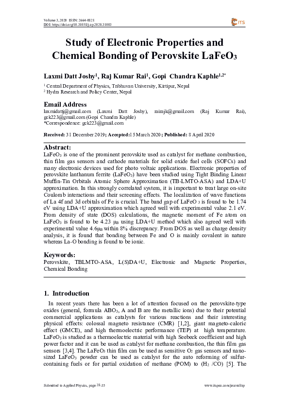 (PDF) Study of Electronic Properties and Chemical Bonding of Perovskite ...