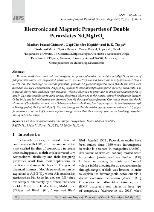 (PDF) Electronic and Magnetic Properties of Double Perovskites Nd2MgIrO6