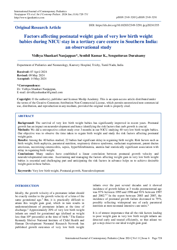 (PDF) Factors affecting postnatal weight gain of very low birth weight ...