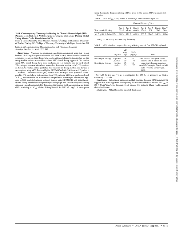 (PDF) Contemporary Vancomycin Dosing in Chronic Hemodialysis (HD) Patients Does Not Meet AUC ...