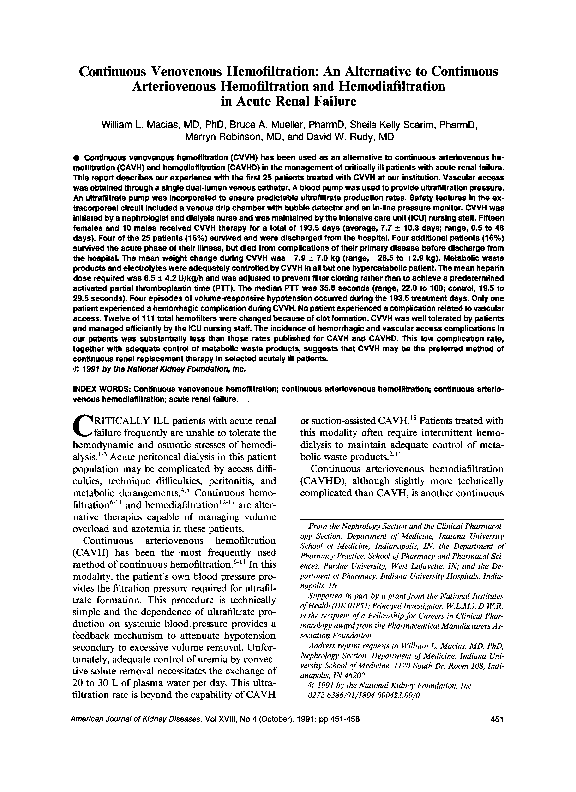 (PDF) Continuous Venovenous Hemofiltration: An Alternative to ...