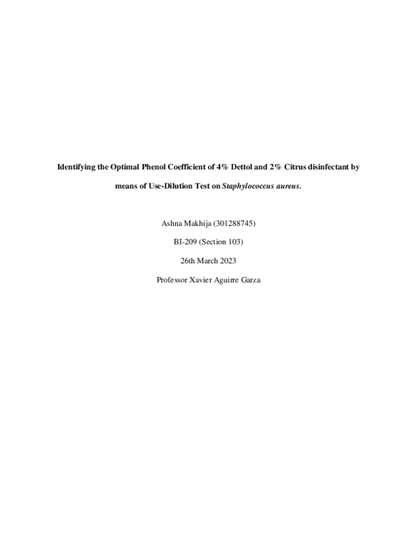 (PDF) Identifying the Optimal Phenol Coefficient of 4% Dettol and 2% ...
