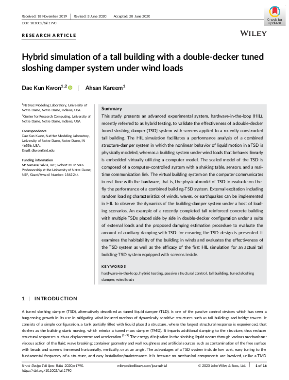 (PDF) Hybrid simulation of a tall building with a double‐decker tuned ...