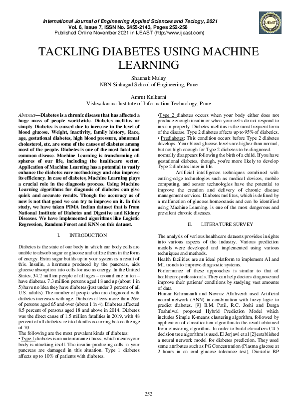 (PDF) Tackling Diabetes Using Machine Learning