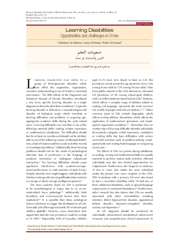 (PDF) Learning Disabilities: Opportunities and challenges in Oman