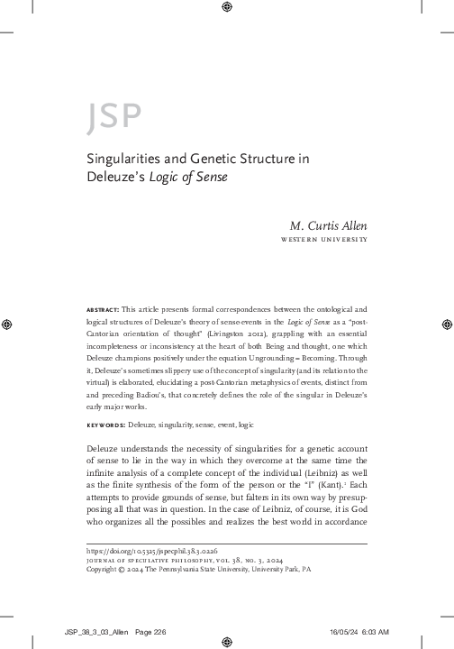 (PDF) Singularities and Genetic Structure in Deleuze's Logic of Sense