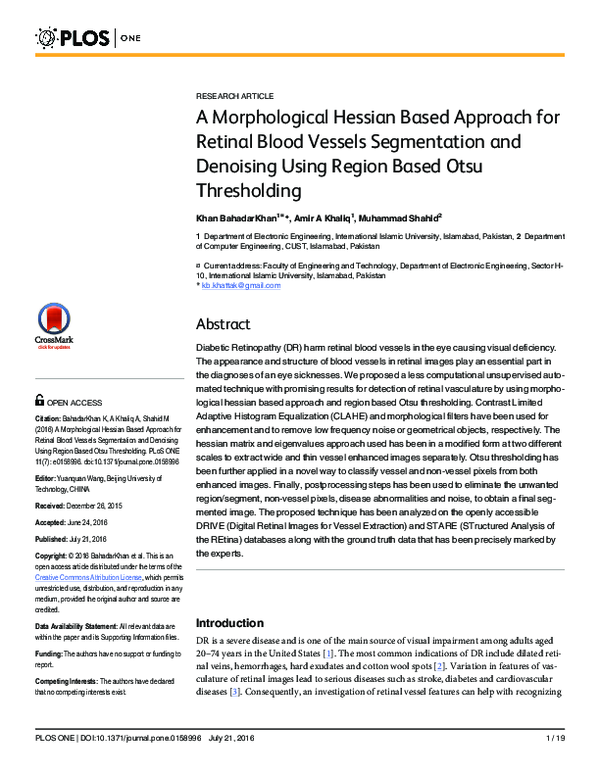 (PDF) A Morphological Hessian Based Approach for Retinal Blood Vessels Segmentation and ...