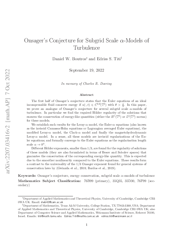 (PDF) Onsager's Conjecture for Subgrid Scale $\alpha$-Models of Turbulence