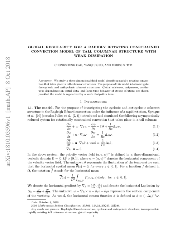 (PDF) Global regularity for a rapidly rotating constrained convection model of tall columnar ...