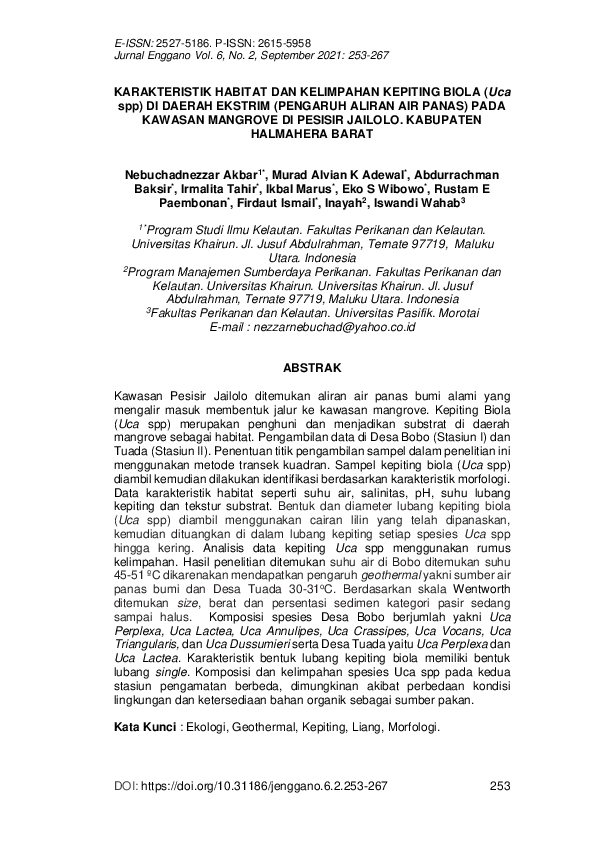 (PDF) KARAKTERISTIK HABITAT DAN KELIMPAHAN KEPITING BIOLA (Uca spp) DI ...