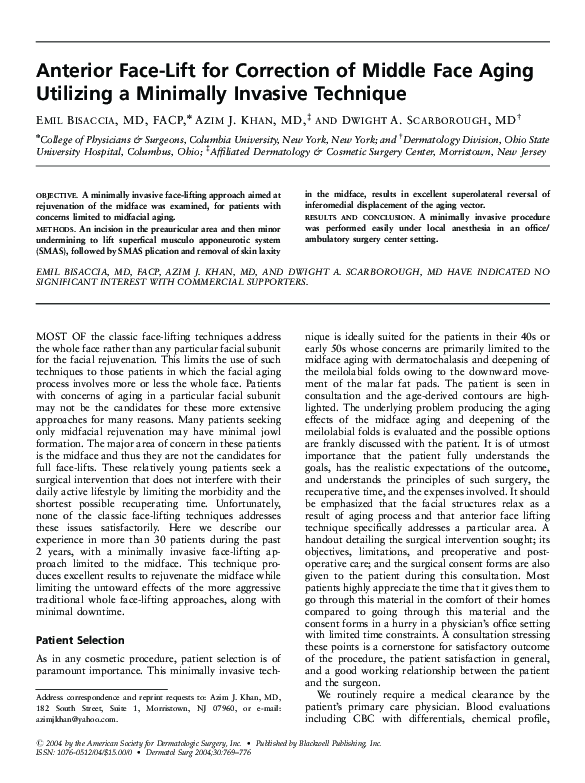 (PDF) Anterior Face-Lift for Correction of Middle Face Aging Utilizing ...