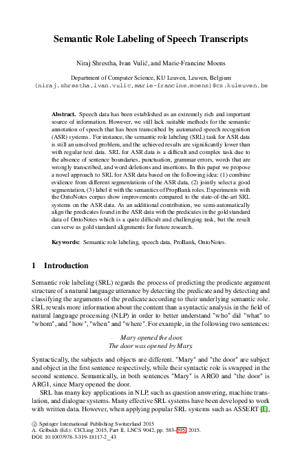 (PDF) Semantic Role Labeling of Speech Transcripts | Niraj kumar Shrestha - Academia.edu