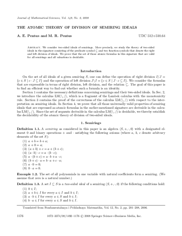 (PDF) The atomic theory of division of semiring ideals