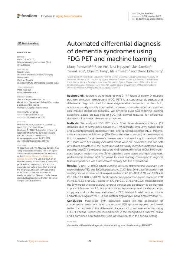 (PDF) Automated differential diagnosis of dementia syndromes using FDG PET and machine learning ...