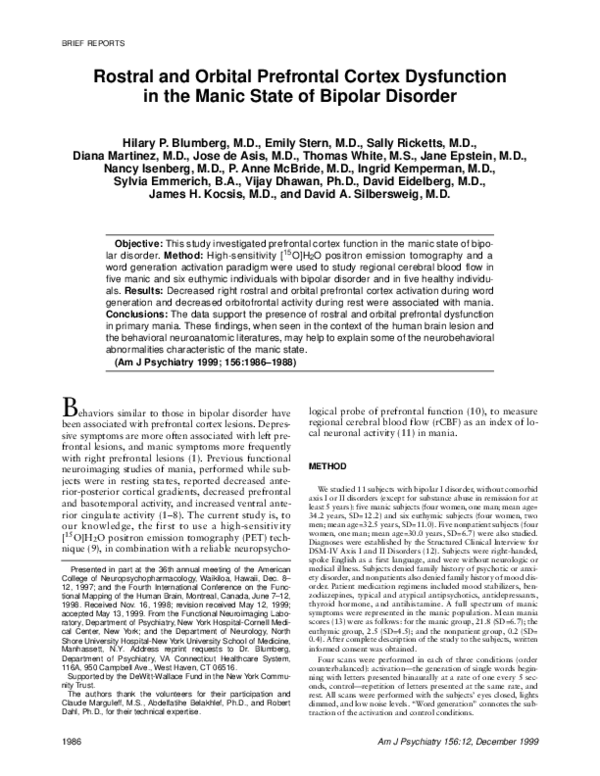 (PDF) Rostral and orbital prefrontal cortex dysfunction in the manic ...