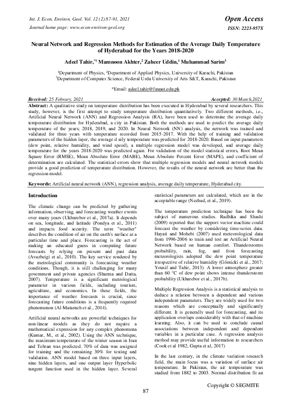 (PDF) Neural Network and Regression Methods for Estimation of the Average Daily Temperature of ...
