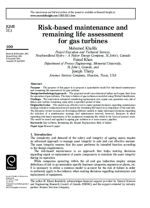 (PDF) Risk-based maintenance and remaining life assessment for gas turbines
