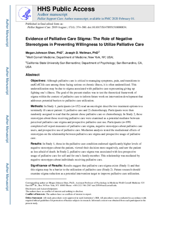 (PDF) Evidence of palliative care stigma: The role of negative ...