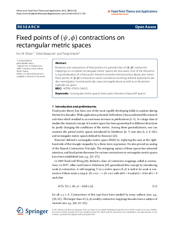 (PDF) Fixed points of ( ψ , ϕ ) contractions on rectangular metric spaces | Tanja Sekulić ...