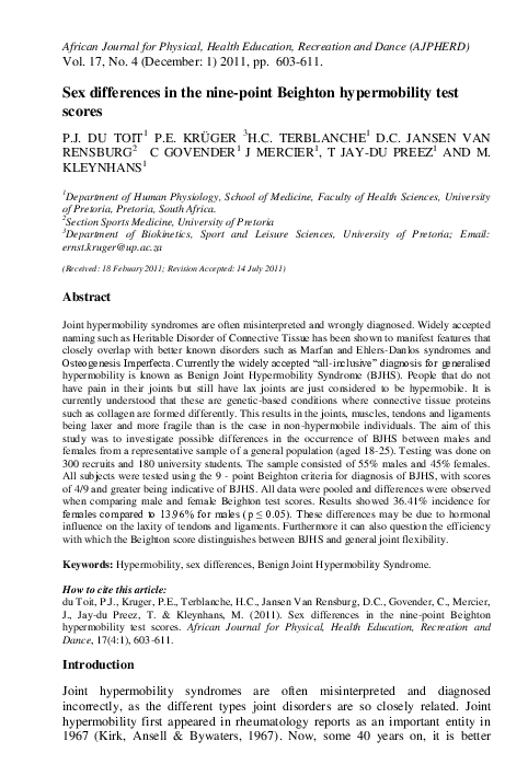 (PDF) Sex differences in the nine-point Beighton hypermobility test scores