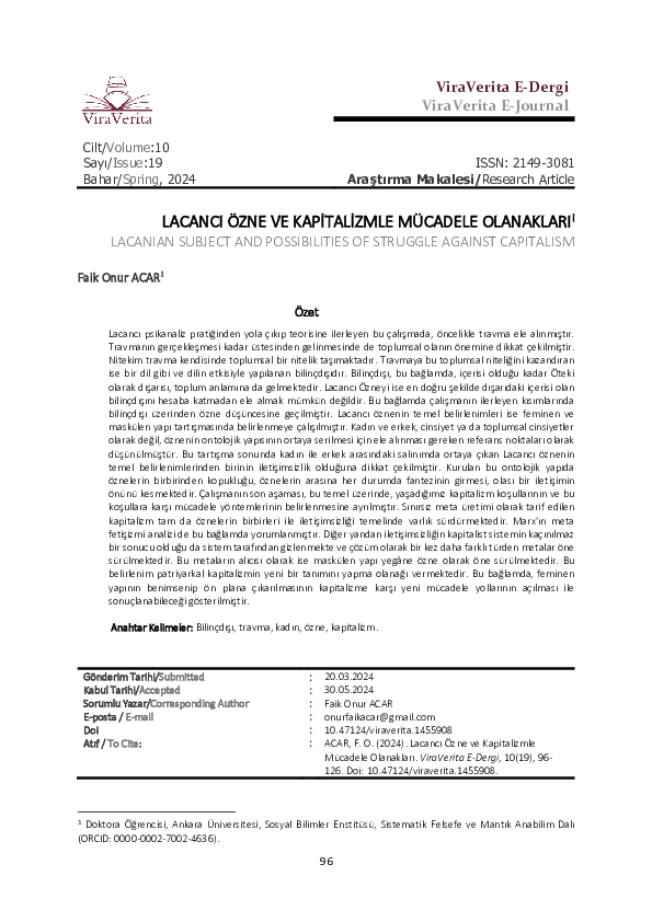 (PDF) Lacancı Özne ve Kapitalizmle Mücadele Olanakları - Lacanian Subject and Possibilities of ...