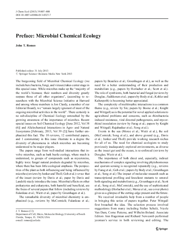 (PDF) Preface: Microbial Chemical Ecology | John Ramy Romeo - Academia.edu