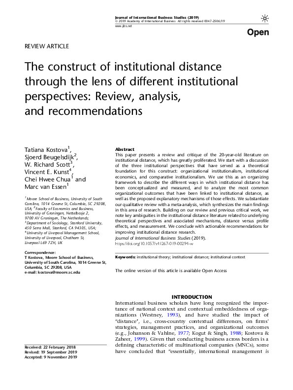 (PDF) The construct of institutional distance through the lens of ...