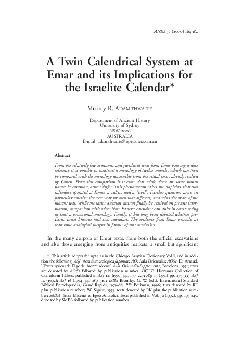 (PDF) A Twin Calendrical System at Emar and its Implications for the ...