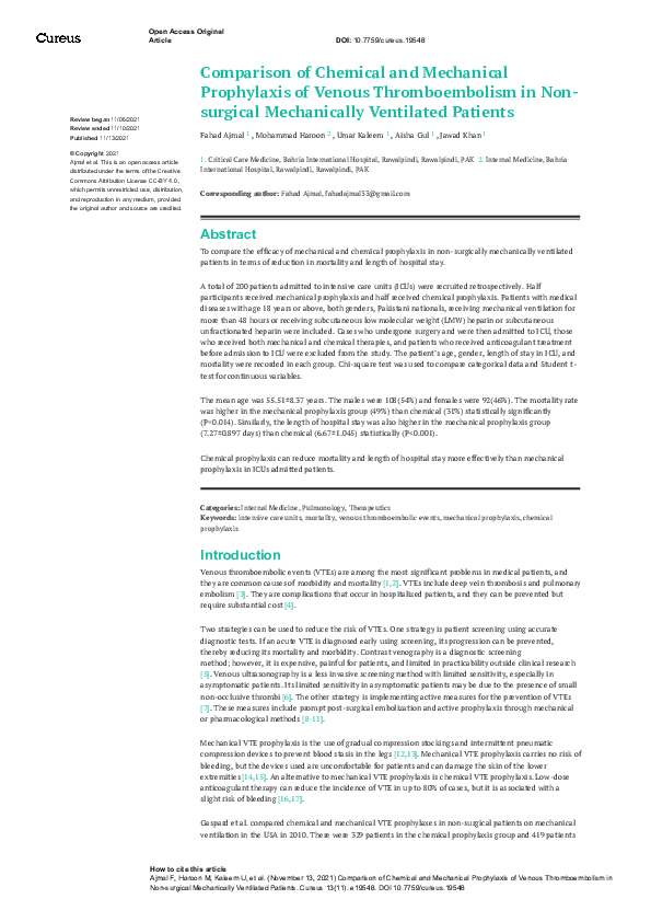 (PDF) Comparison of Chemical and Mechanical Prophylaxis of Venous ...