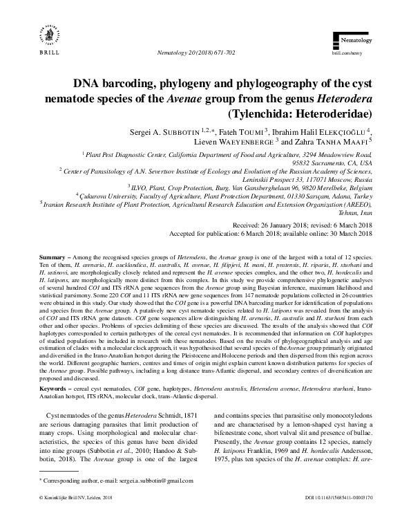(PDF) DNA barcoding, phylogeny and phylogeography of the cyst nematode species of the Avenae ...