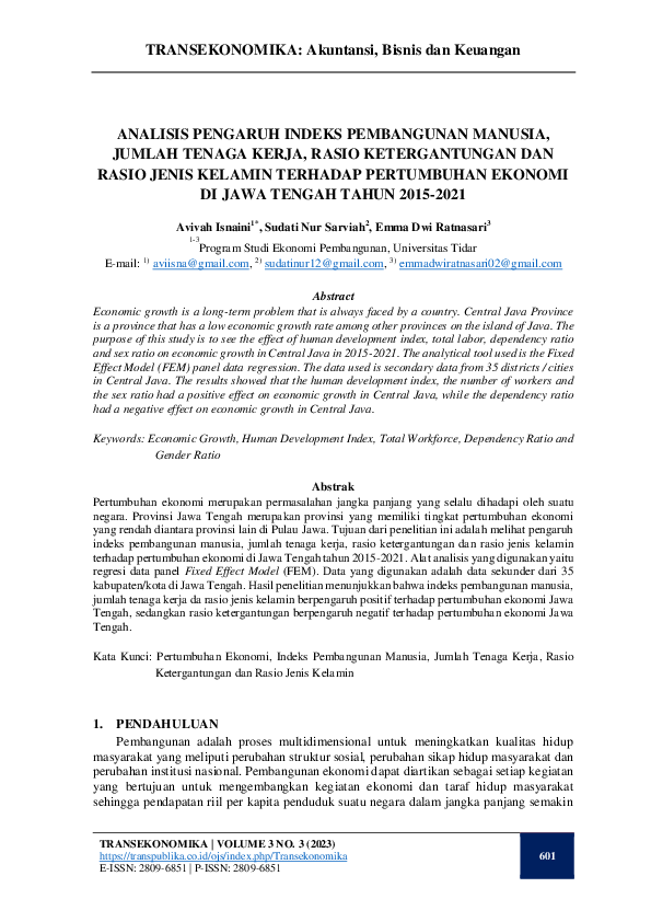 (PDF) Analisis Pengaruh Indeks Pembangunan Manusia, Jumlah Tenaga Kerja, Rasio Ketergantungan ...