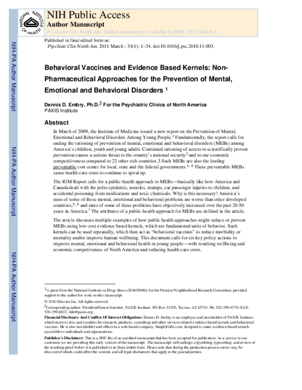 (PDF) Behavioral Vaccines and Evidence-Based Kernels: Nonpharmaceutical Approaches for the ...