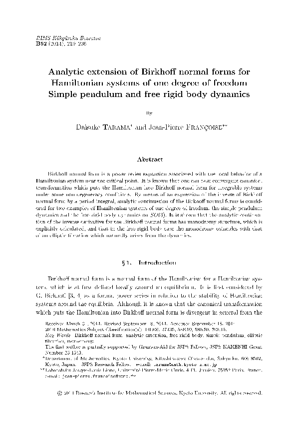 (PDF) Analytic extension of Birkhoff normal forms for Hamiltonian systems of one degree of ...