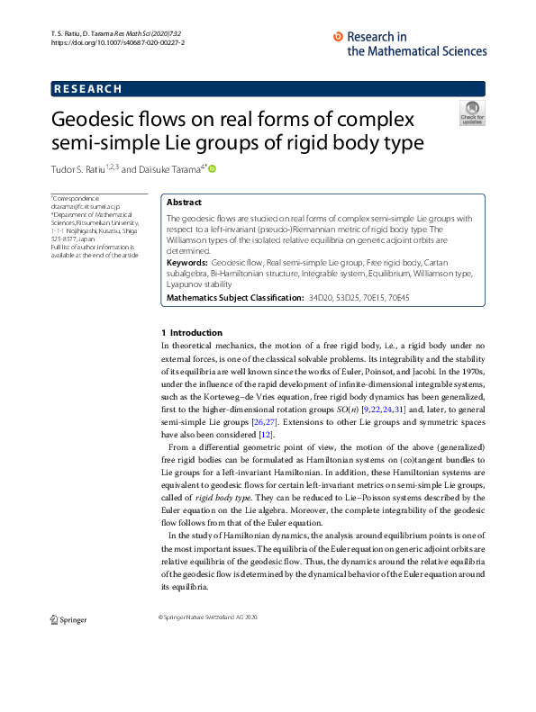 (PDF) Geodesic flows on real forms of complex semi-simple Lie groups of rigid body type