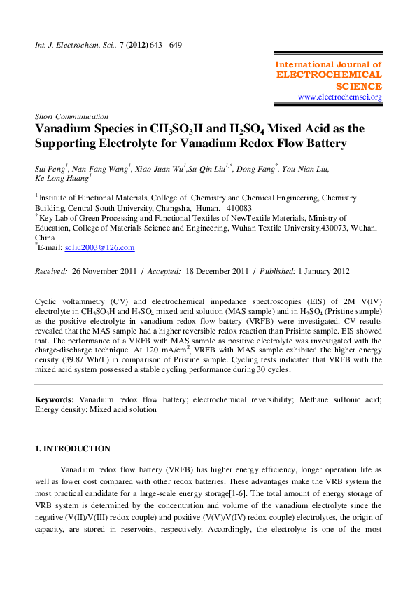 (PDF) Vanadium Species in CH3SO3H and H2SO4 Mixed Acid as the ...