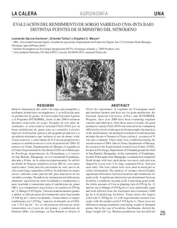 (PDF) Evaluacion Del Rendimiento De Sorgo Variedad Cnia-Inta Bajo ...