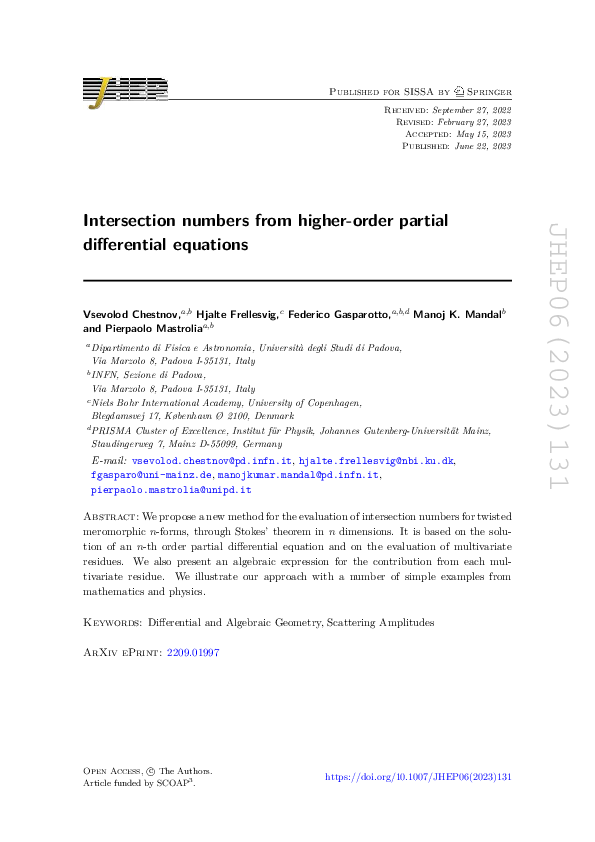 (PDF) Intersection numbers from higher-order partial differential equations