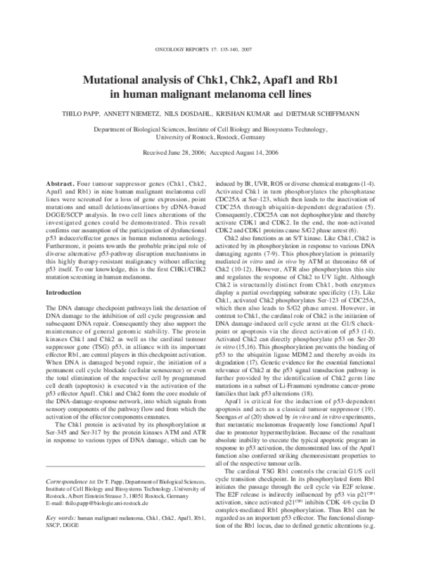 (PDF) Mutational analysis of Chk1, Chk2, Apaf1 and Rb1 in human malignant melanoma cell lines