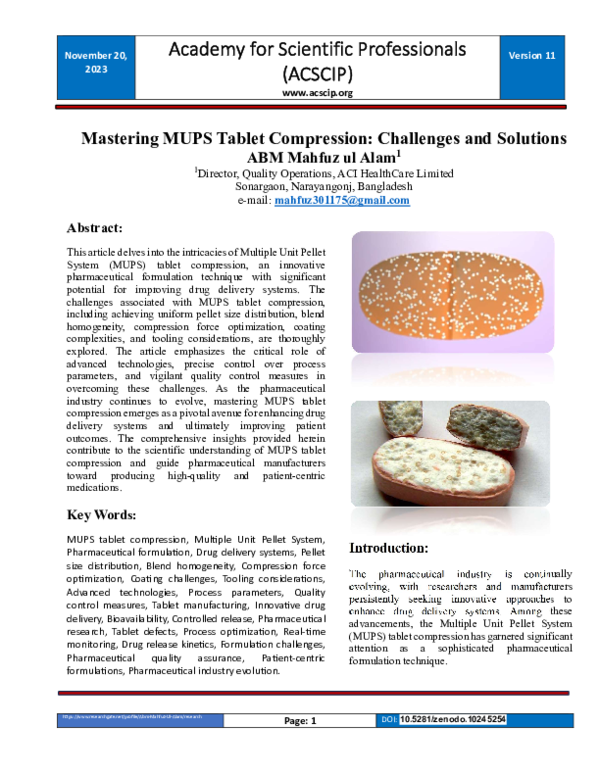 (PDF) Mastering MUPS Tablet Compression: Challenges and Solutions