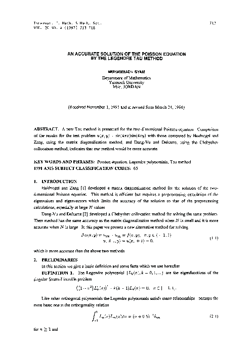 (PDF) Accurate Legendre Tau Method for the Poisson Equation