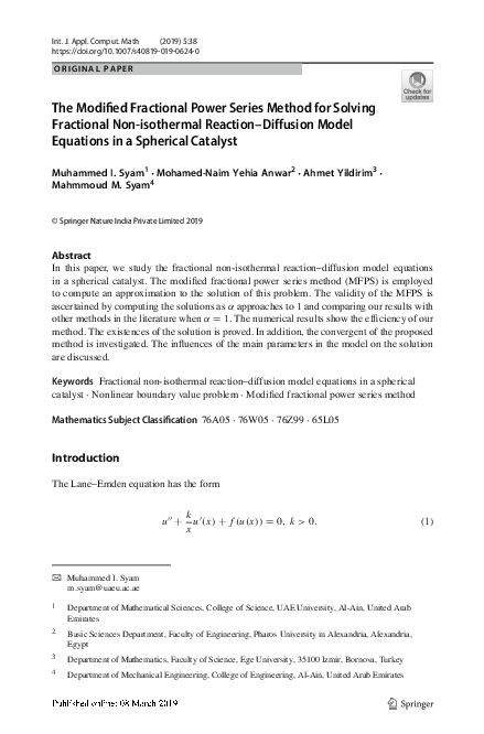 Pdf The Modified Fractional Power Series Method For Solving Fractional Non Isothermal Reaction