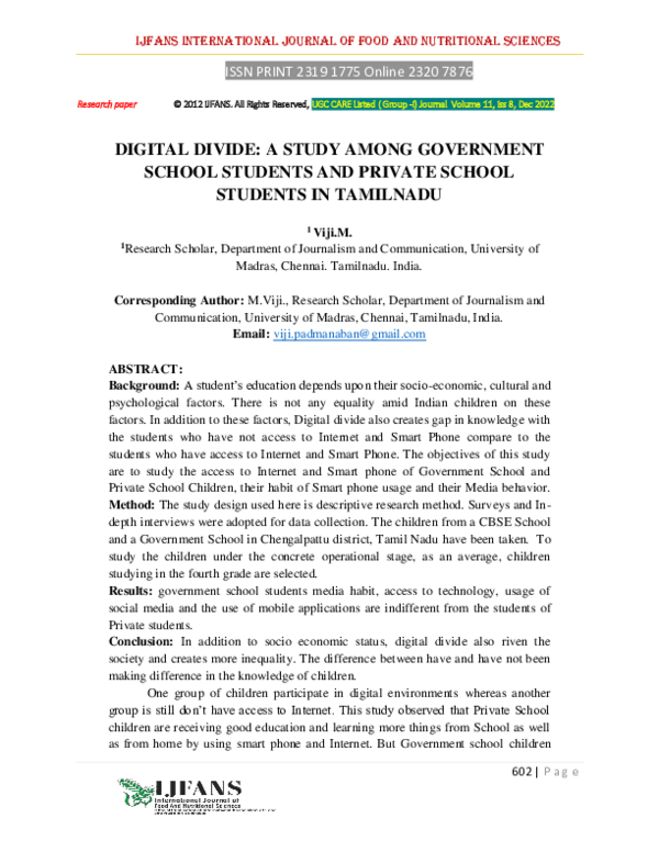 (PDF) DIGITAL DIVIDE: A STUDY AMONG GOVERNMENT SCHOOL STUDENTS AND PRIVATE SCHOOL STUDENTS IN ...